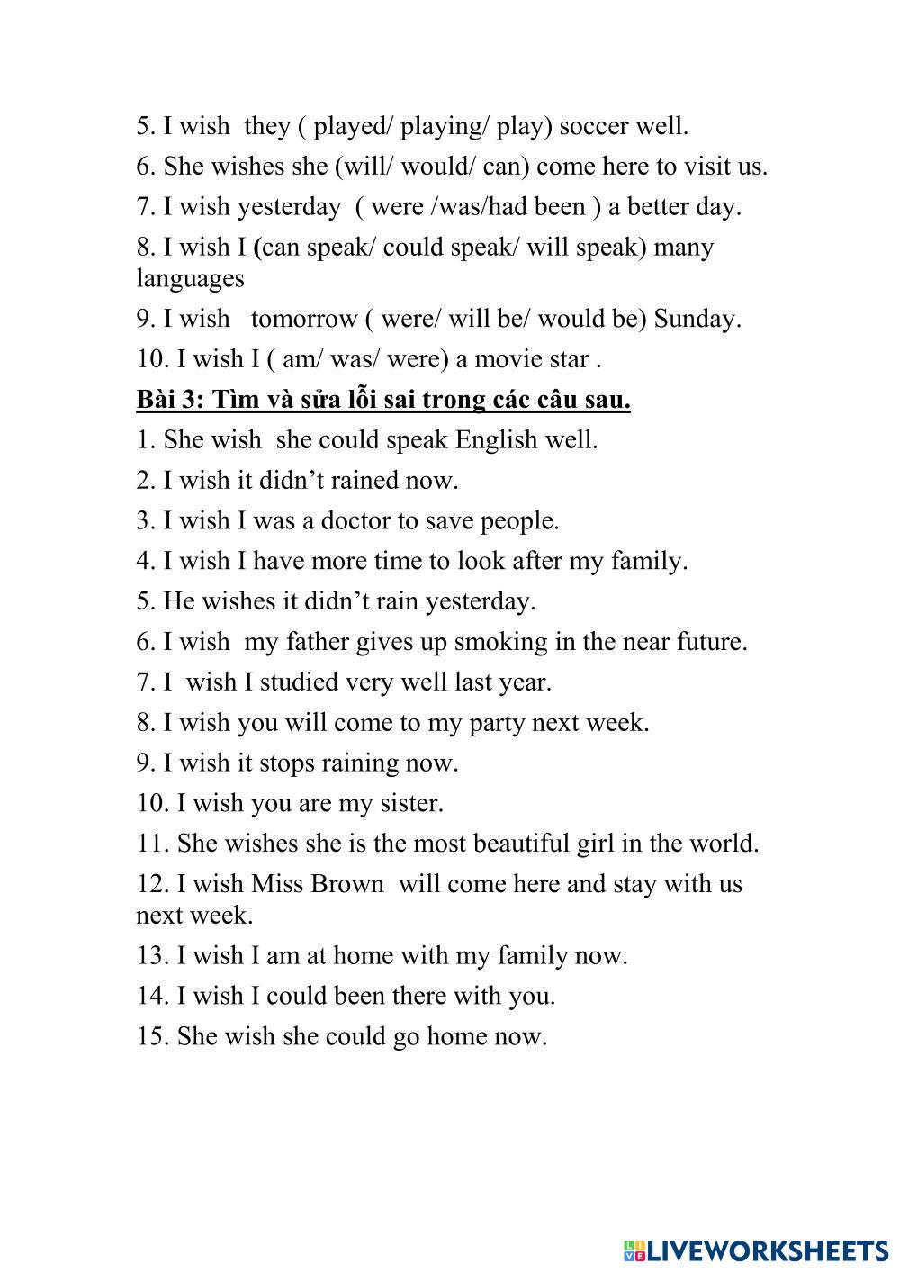 WISH SENTENCE | Live Worksheets