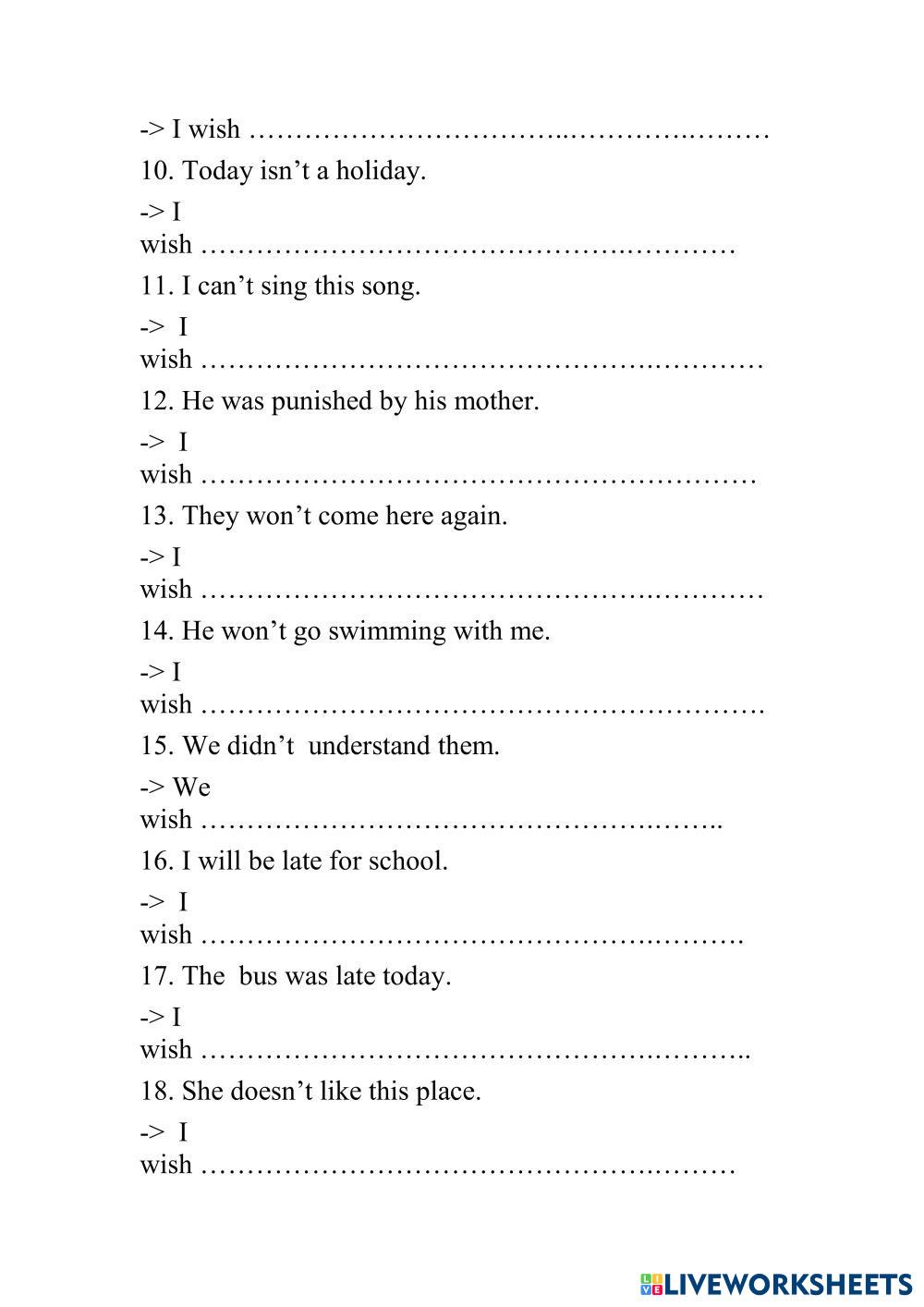 WISH SENTENCE | Live Worksheets