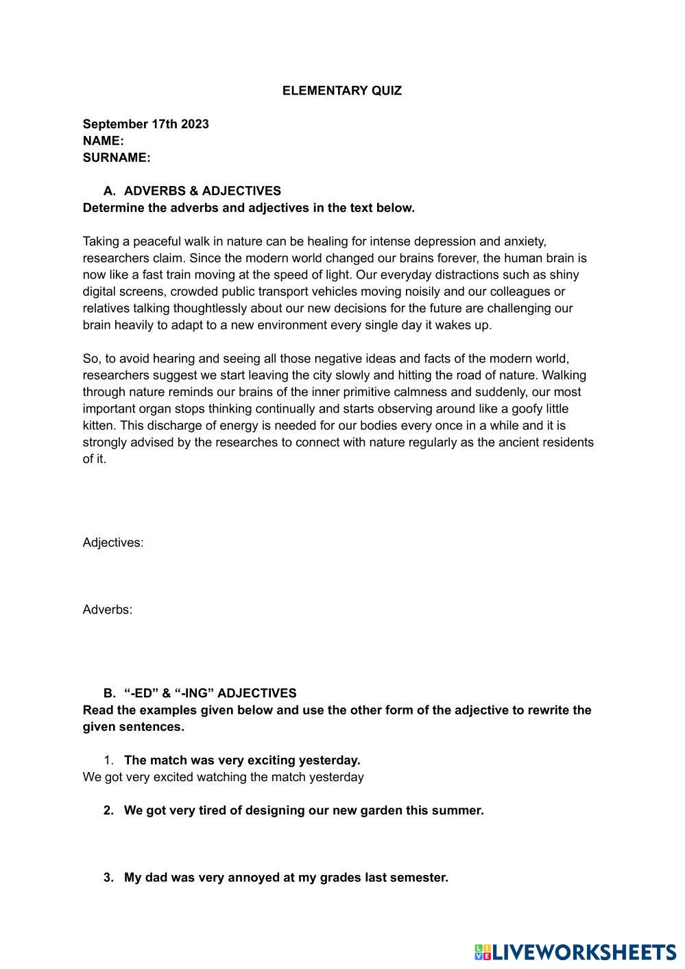 ELEMENTARY QUIZ | Live Worksheets