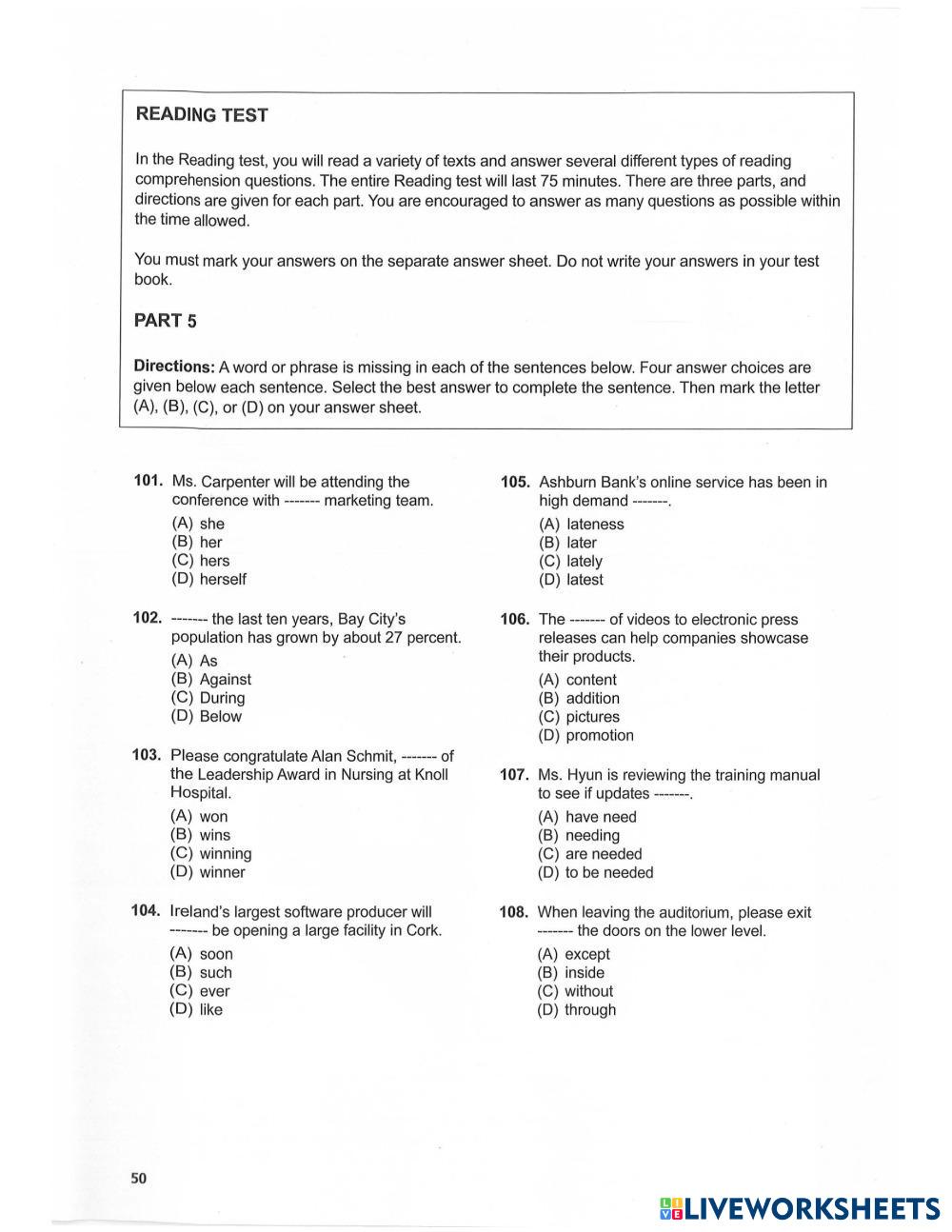 TOEIC - READING… | Free Interactive Worksheets | 7195166