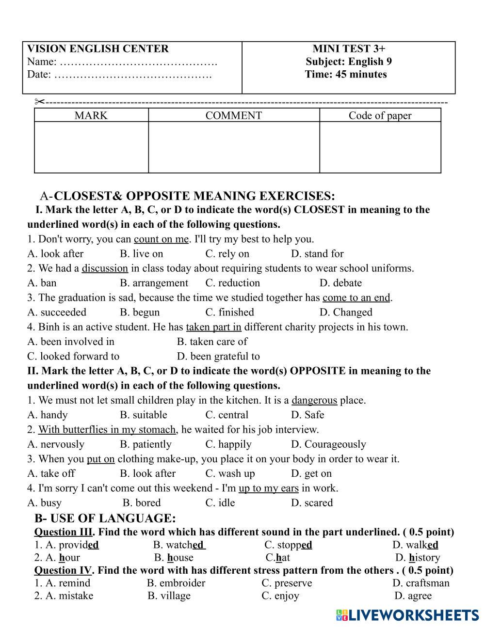 7195641 | Minitest grade 9 | ngthdieu | LiveWorksheets