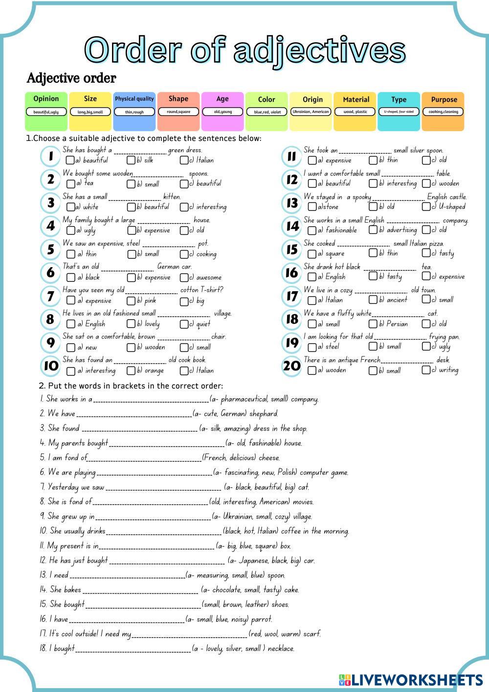 Adjectives order | Free Interactive Worksheets | 7196912