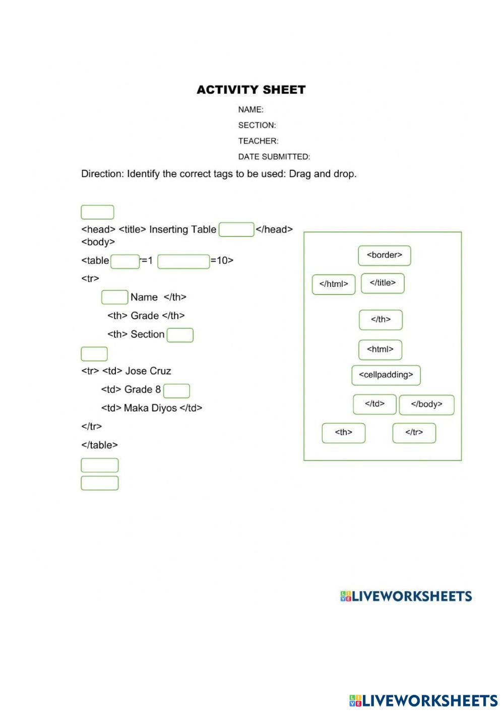 HTML | Live Worksheets