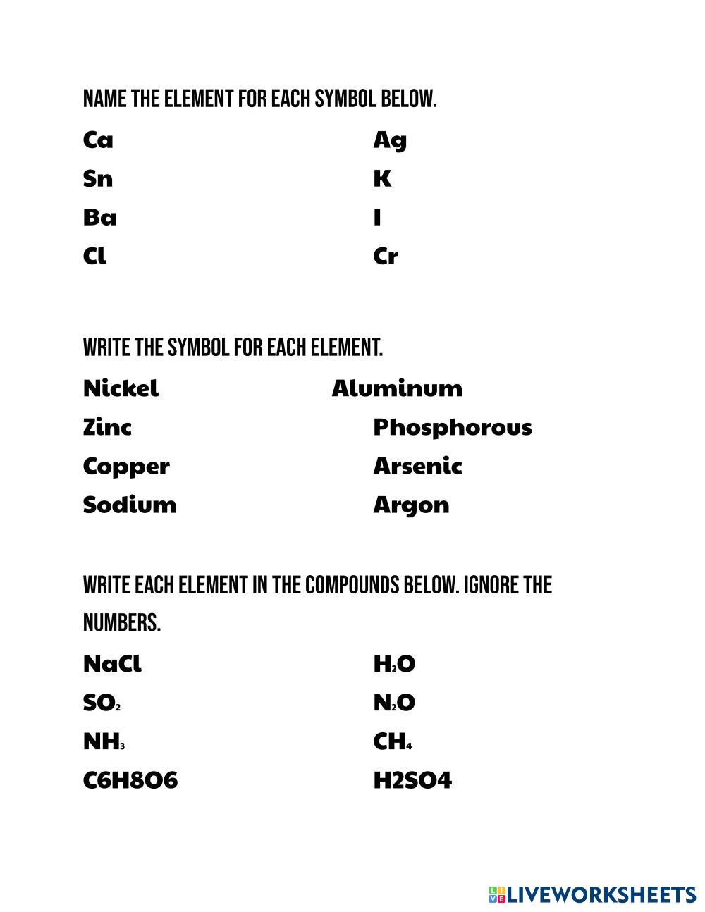Naming elements in compunds | Live Worksheets