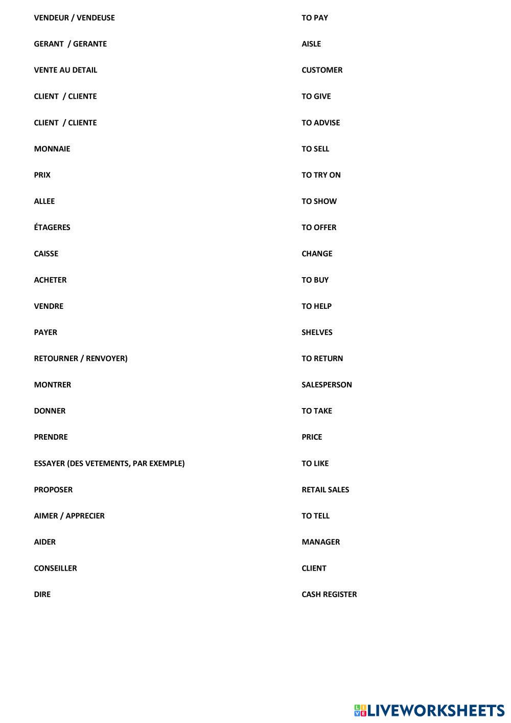 Retail English Basics Voc 1 | Live Worksheets