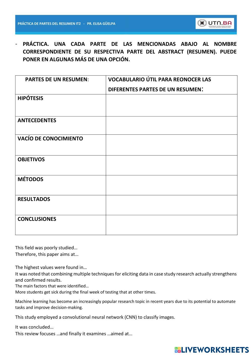 PARTES DEL RESUMEN (ABSTRACT)- SU RECONOCIMIENTO. | Live Worksheets
