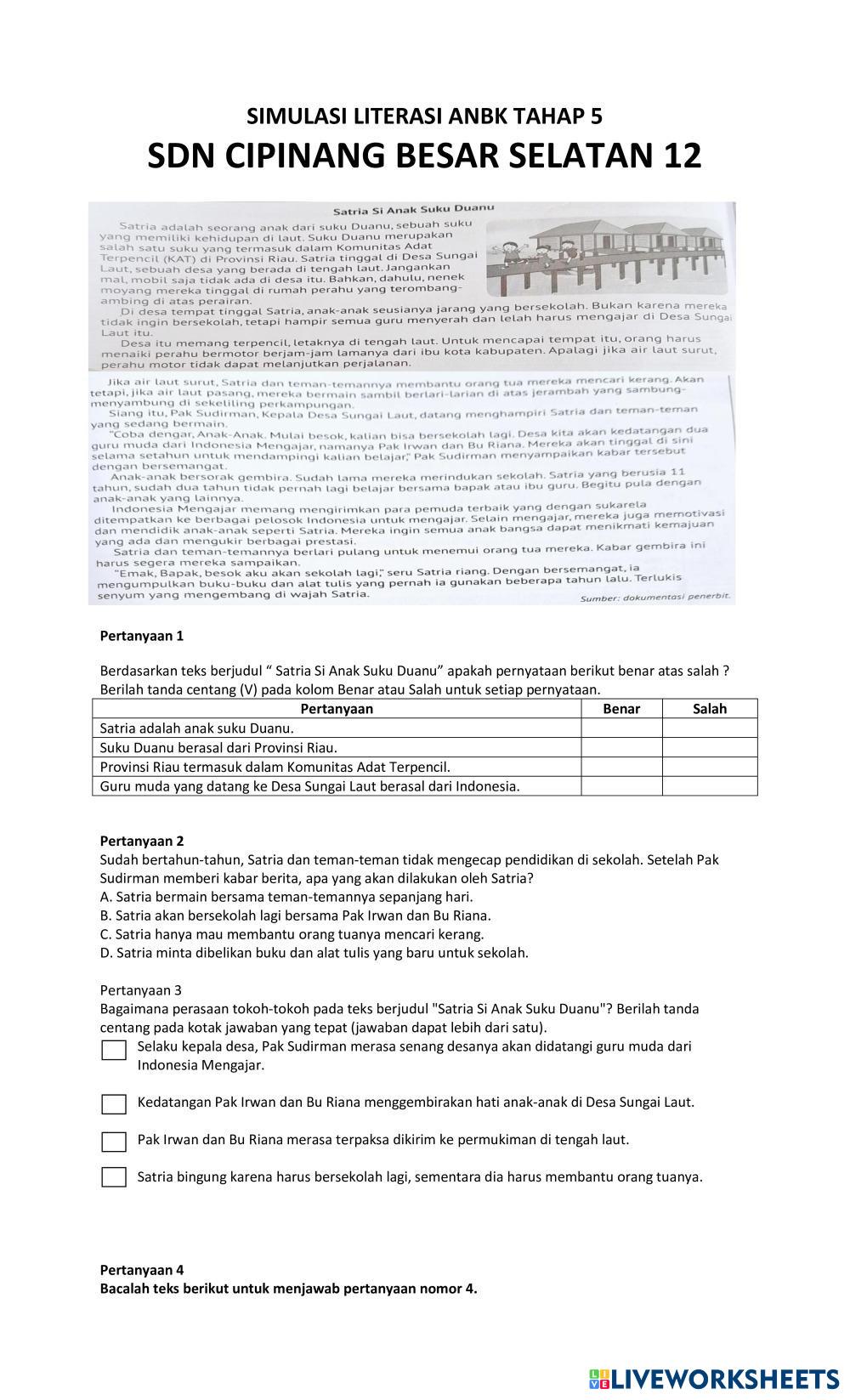 SIMULASI 5 ANBK LITERASI DAN NUMERASI SDN CIPINANG BESAR SELATAN 12 | Live Worksheets