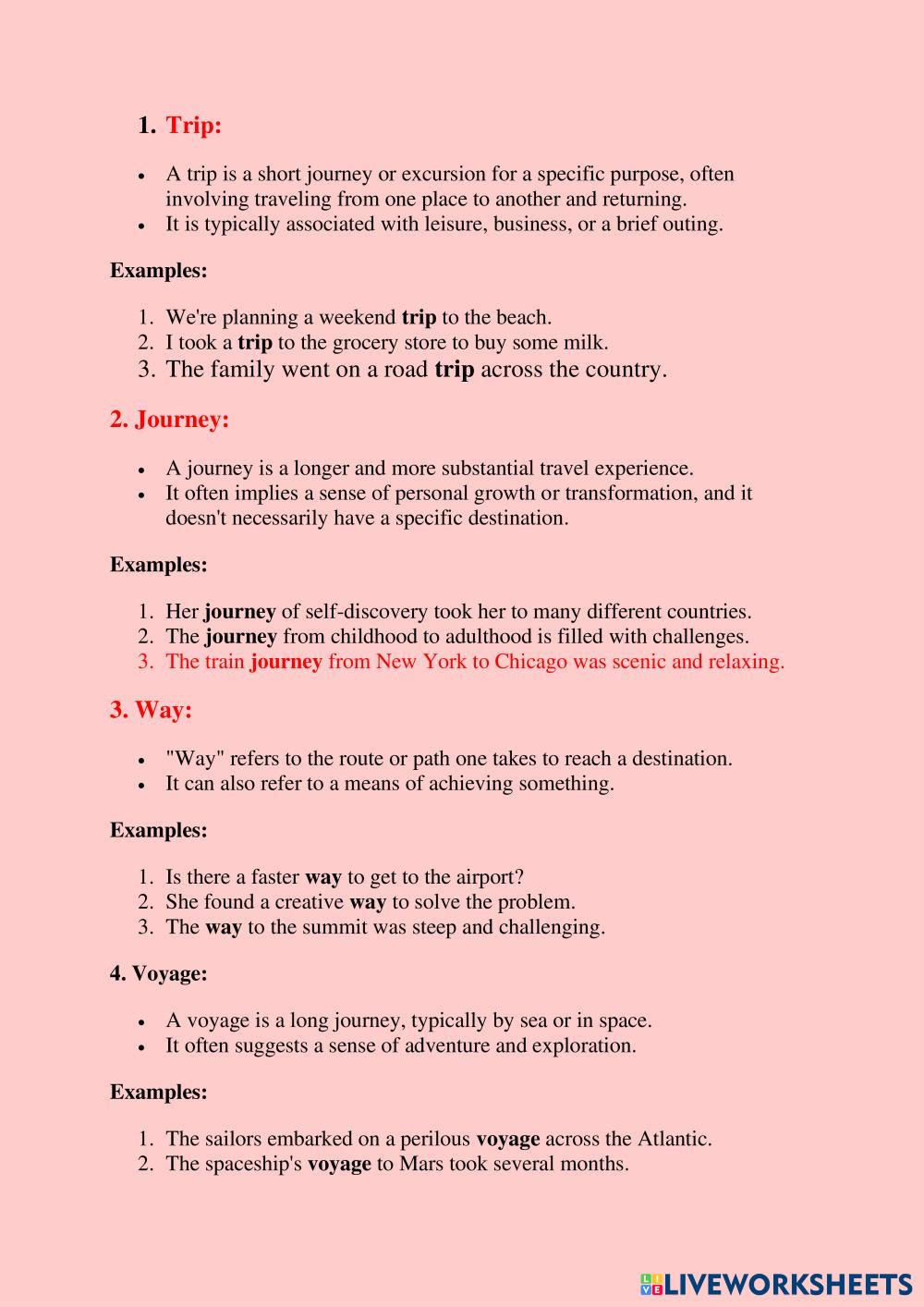 trip,journey ,voyage, way | Live Worksheets