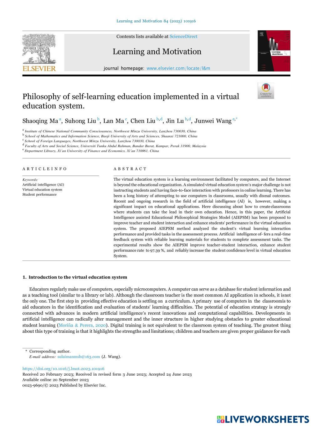 Philosophy of self-learning education implemented in a virtual education system. | Live Worksheets