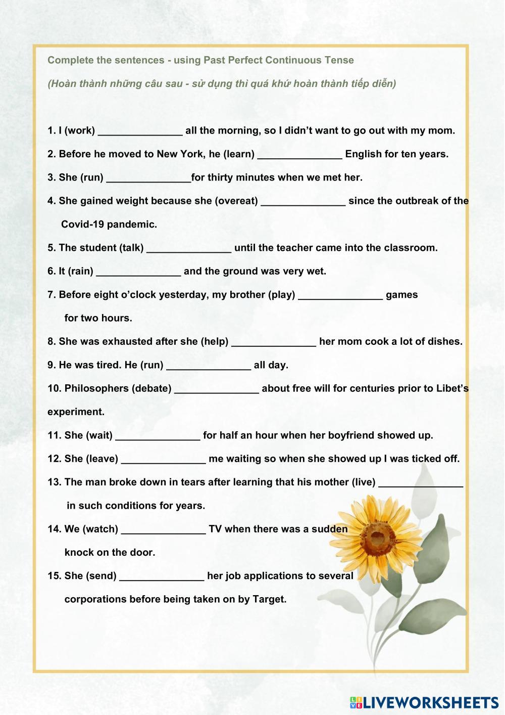 Past Perfect Continuous Tense | Live Worksheets