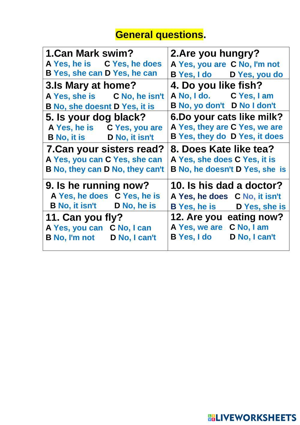 General questio… | Free Interactive Worksheets | 7205035