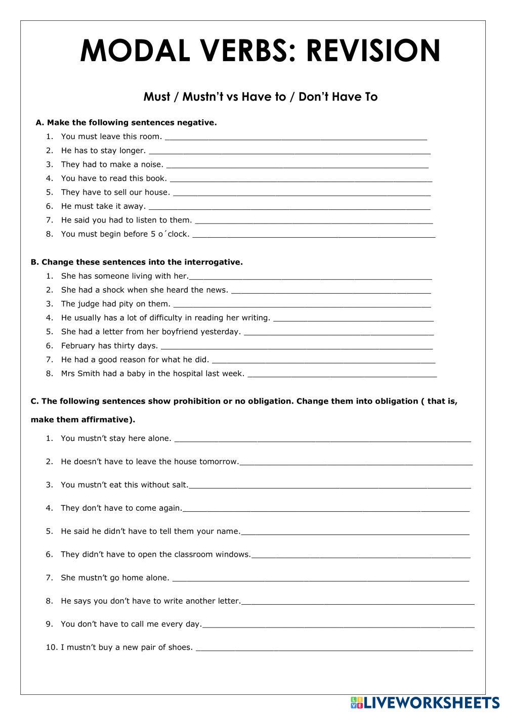 Modals of obligation and prohibition | Live Worksheets