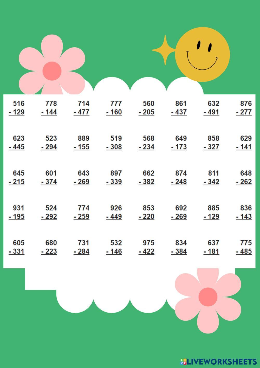 Skaičių iki 1000 atimtis | Live Worksheets