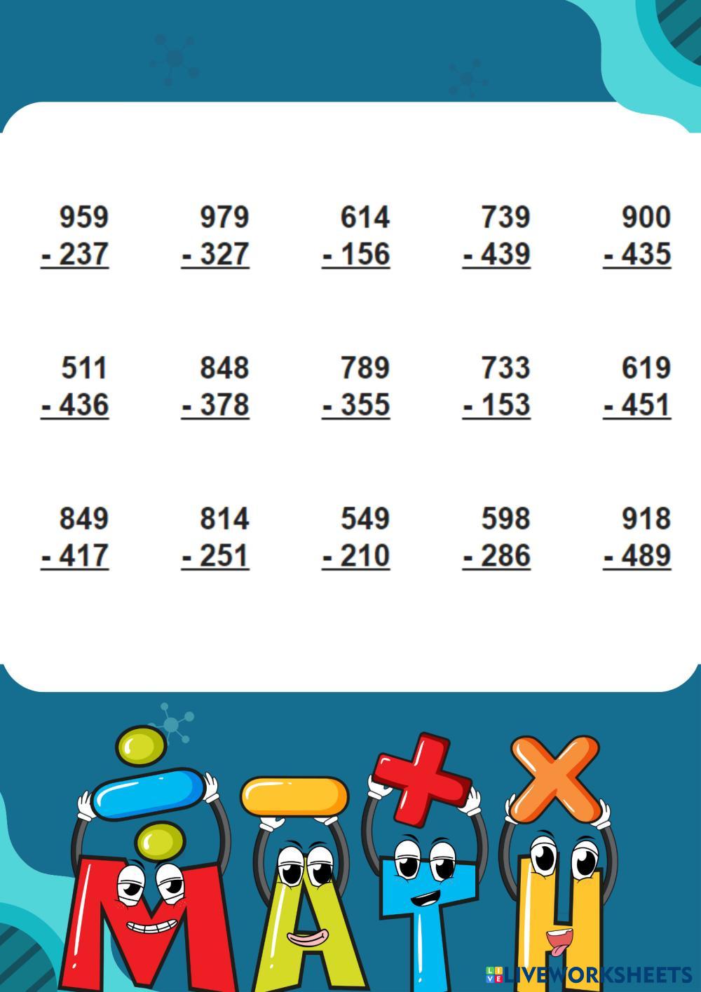Skaičių iki 1000 atimtis | Live Worksheets