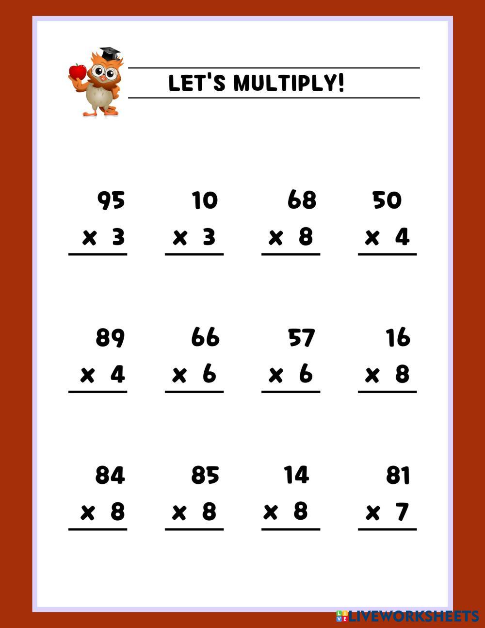 Multiplying two digit numbers | Live Worksheets