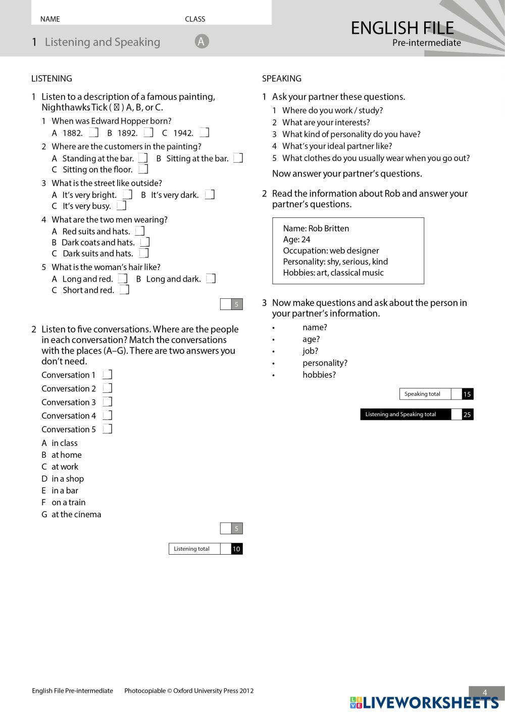 EF - Pre Intermediate - Assessment 1 | Live Worksheets