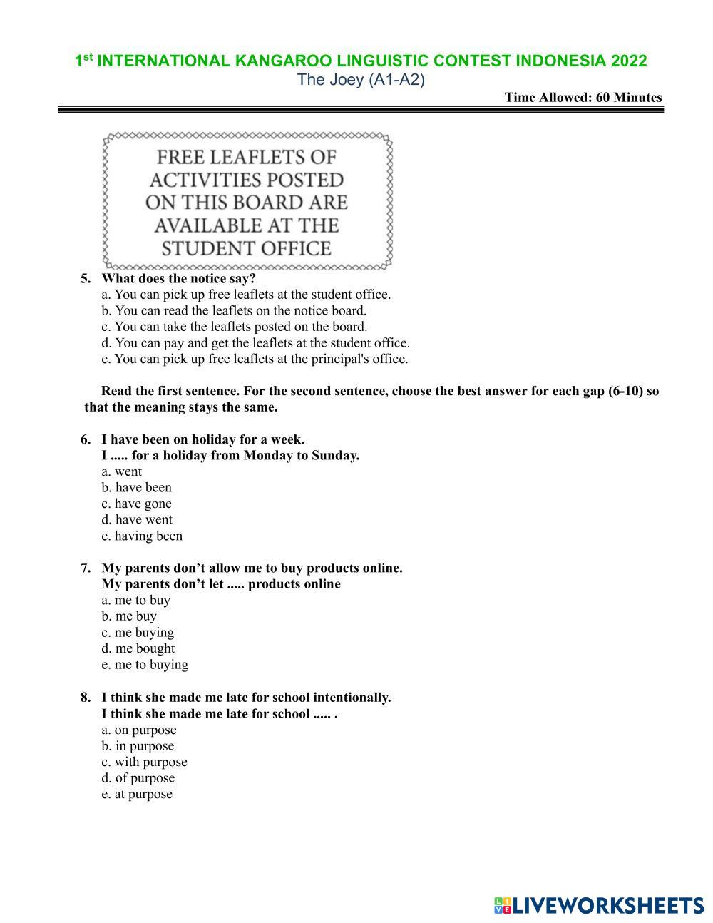 IKLC - The Joey | Live Worksheets