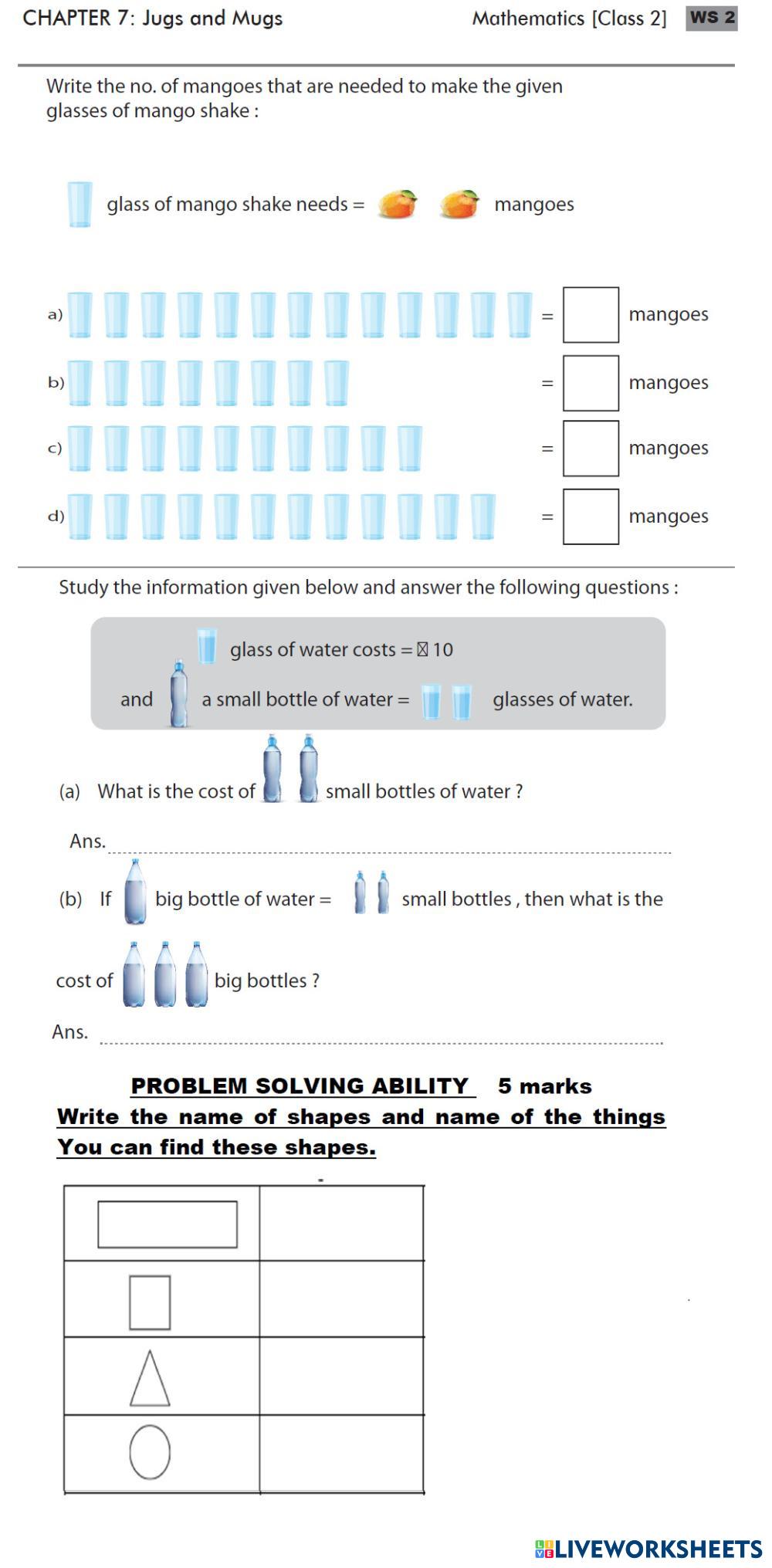 Jugs and Mugs | Live Worksheets