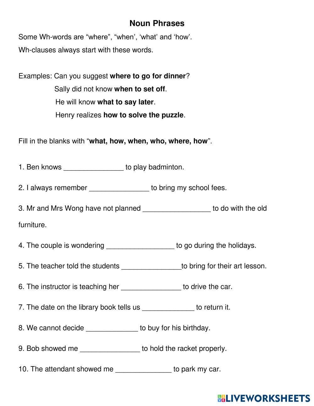 Noun Phrases | Free Interactive Worksheets | 7208123