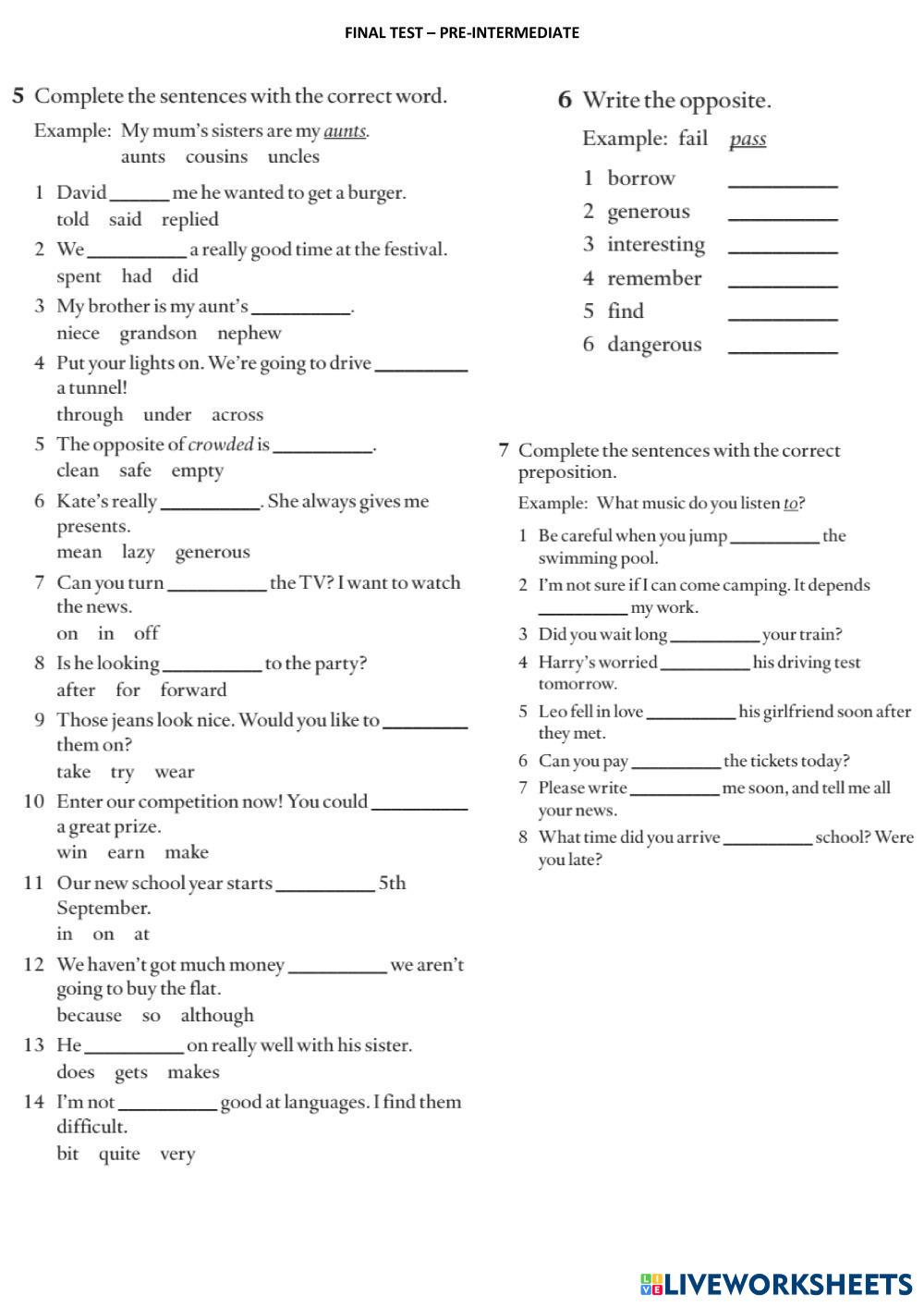 PRE INTERMEDIATE FINAL TEST | Live Worksheets