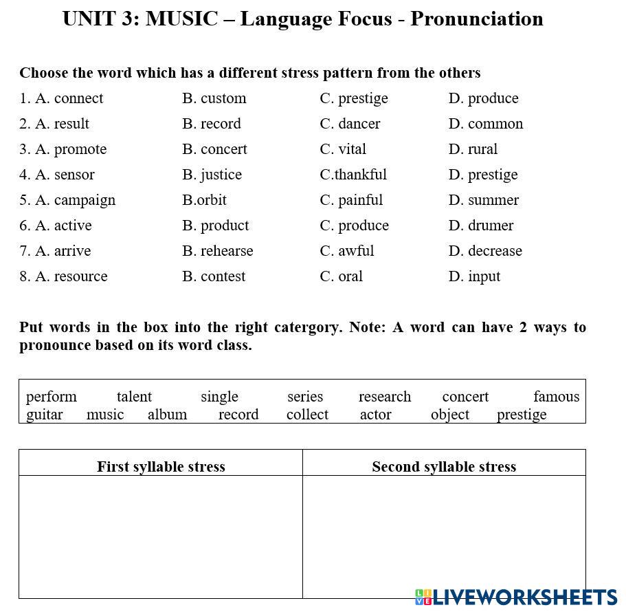 7480926 | UNIT 3: MUSIC - Language Focus - Pronunciation