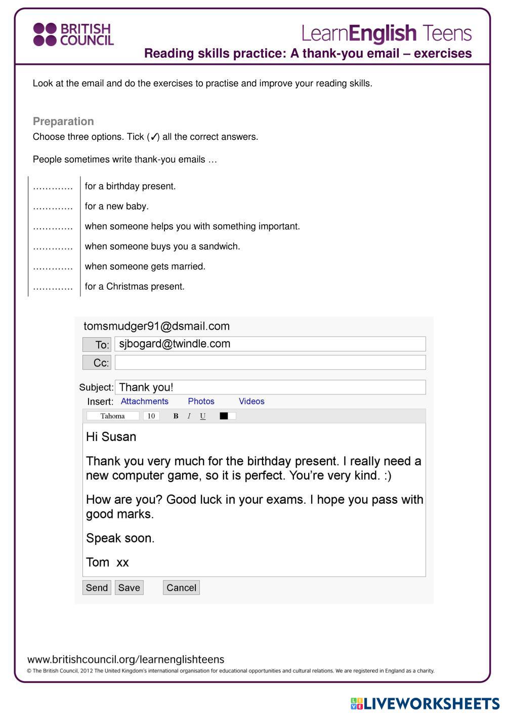 Reading skills practice: A thank-you email – exercises | Live Worksheets