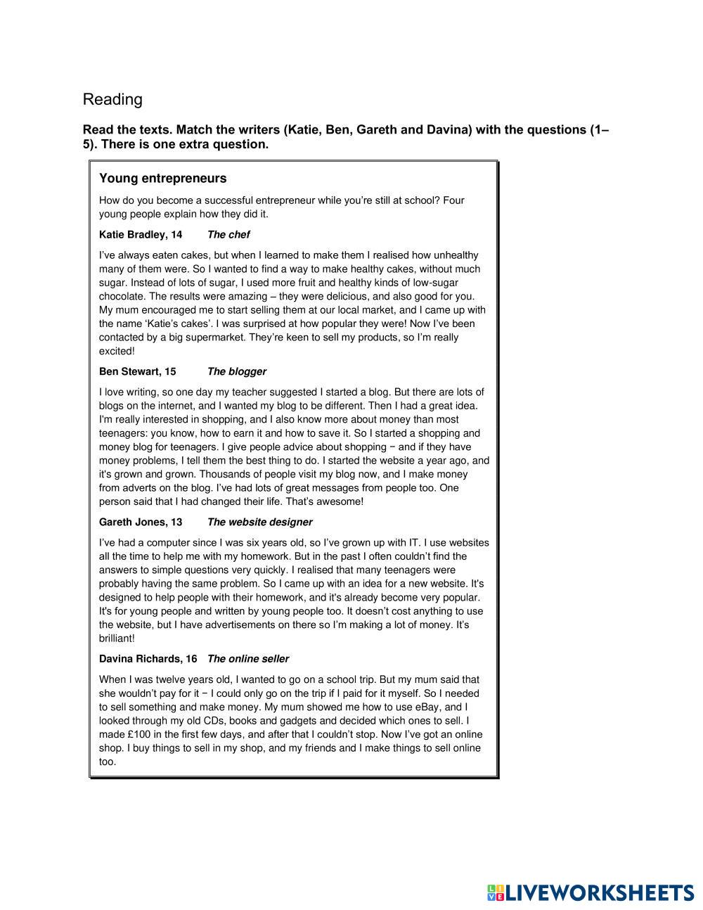 Young entrepreneurs | Live Worksheets