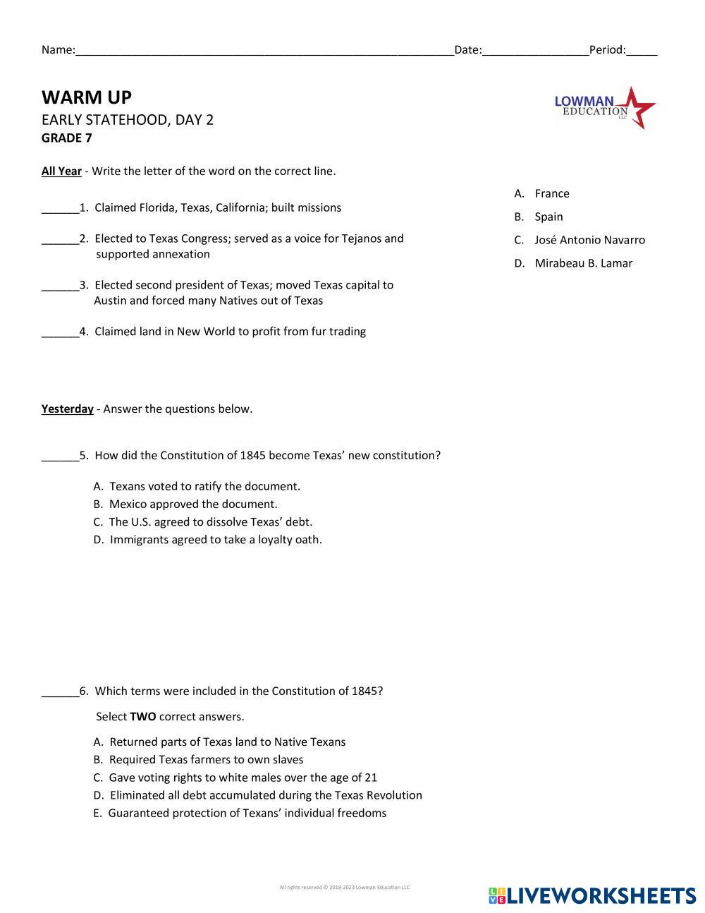 Day 2 Warm Up (Early Statehood) | Live Worksheets