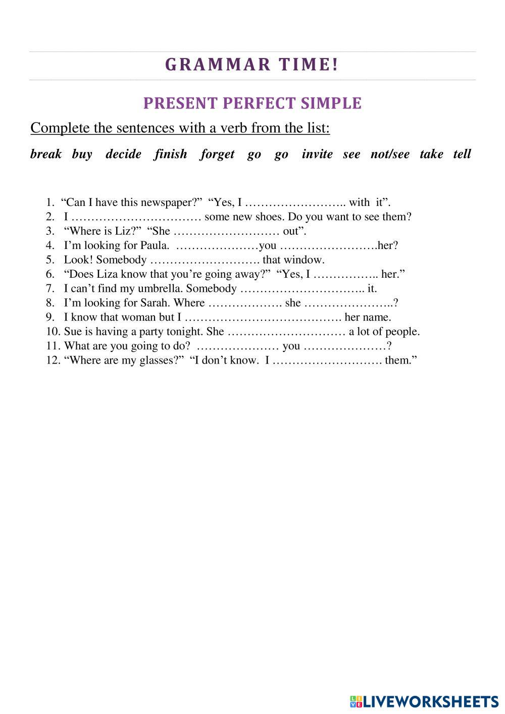 Grammar Time! Present Perfect Simple | Live Worksheets