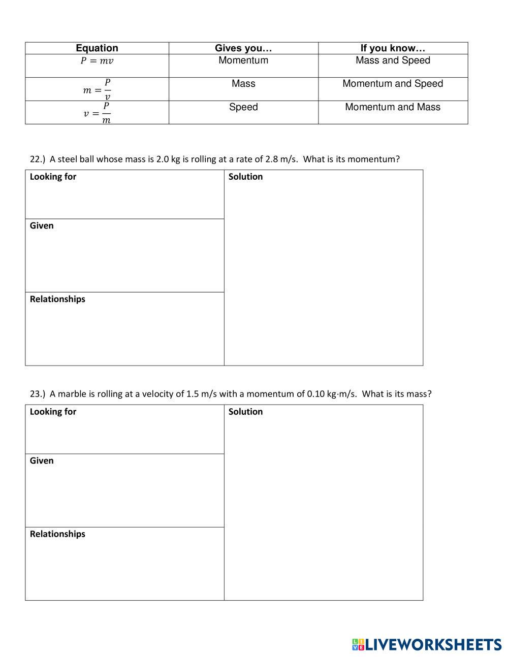 Momentum | Free Interactive Worksheets | 7506366