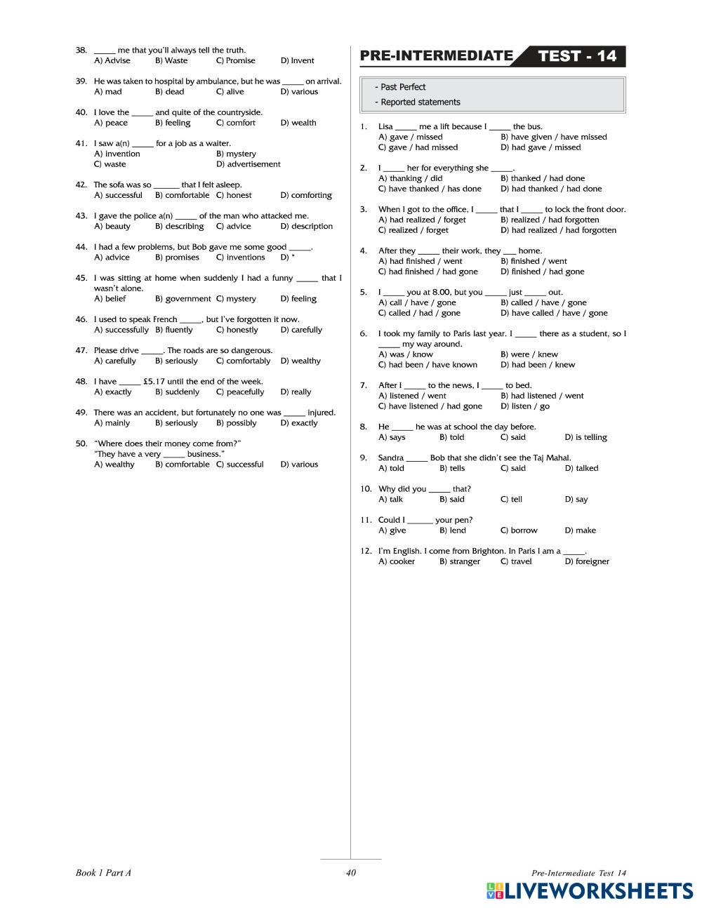 Part A - Pre Intermediate - Test 14 | Live Worksheets