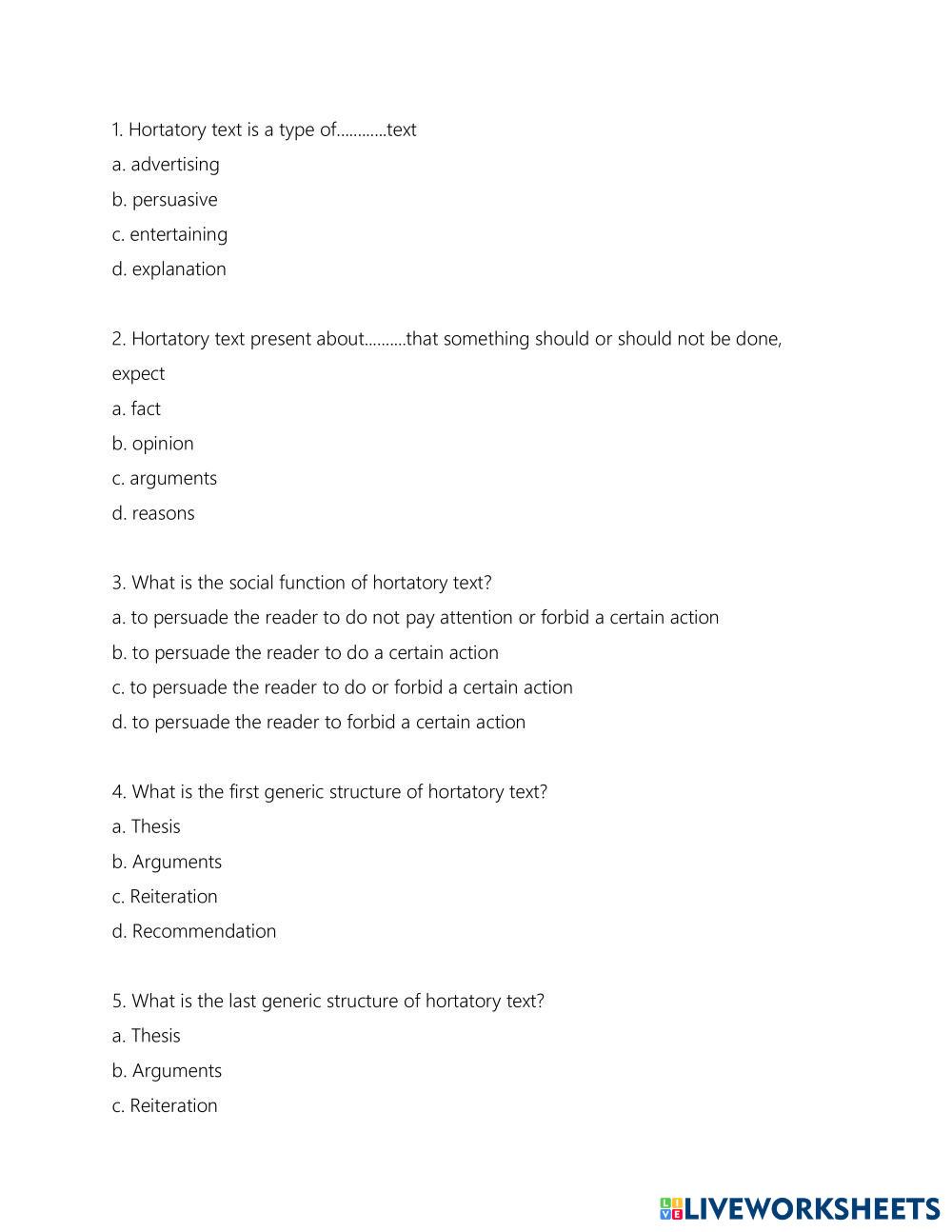 Hortatory Text Exercise | Live Worksheets