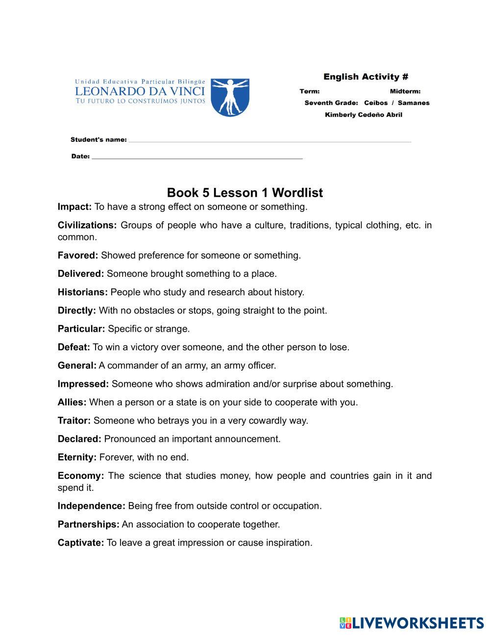 7B5L1 Vocabulary Activities | Live Worksheets