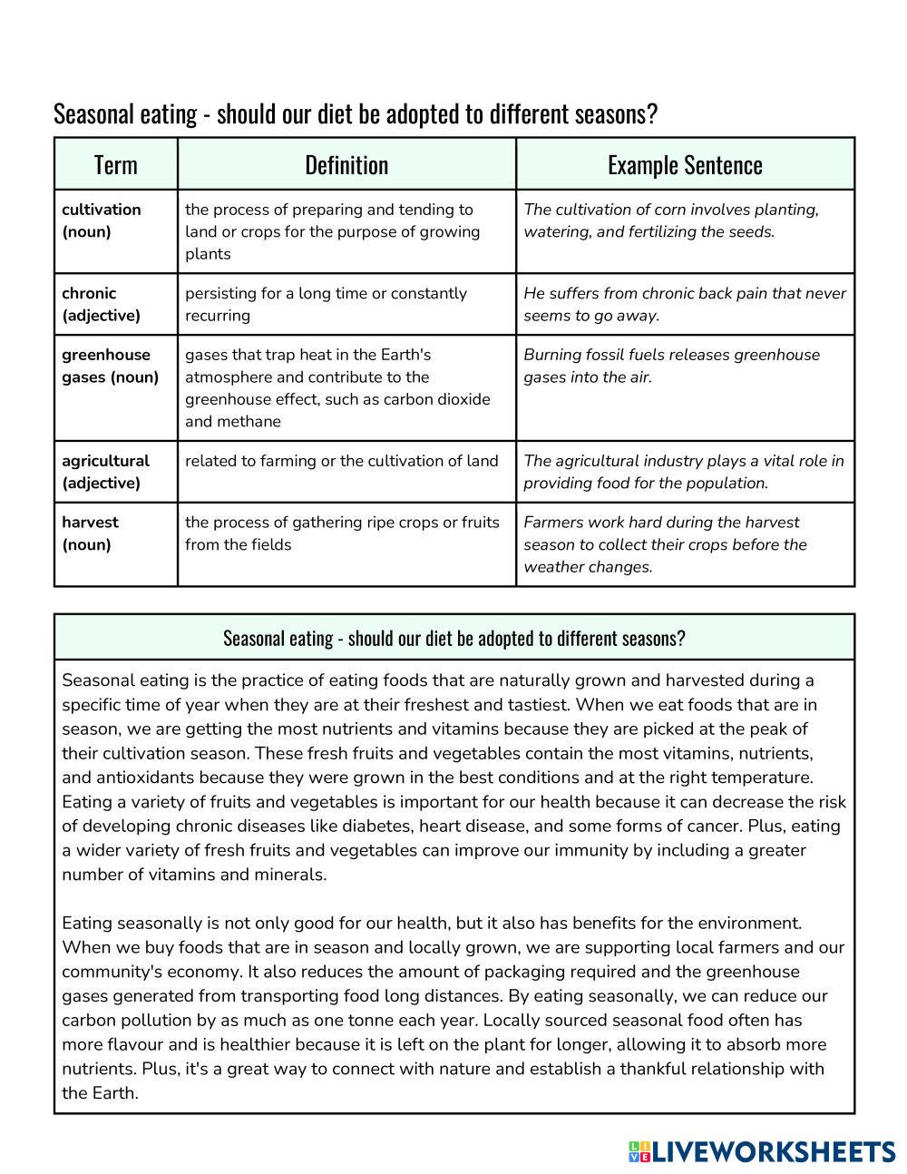 Seasonal eating | Live Worksheets