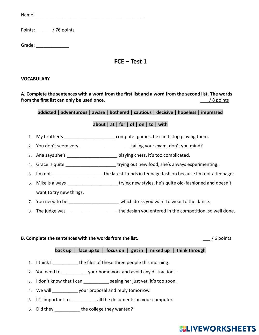 FCE - Test 1 | Free Interactive Worksheets | 7513345