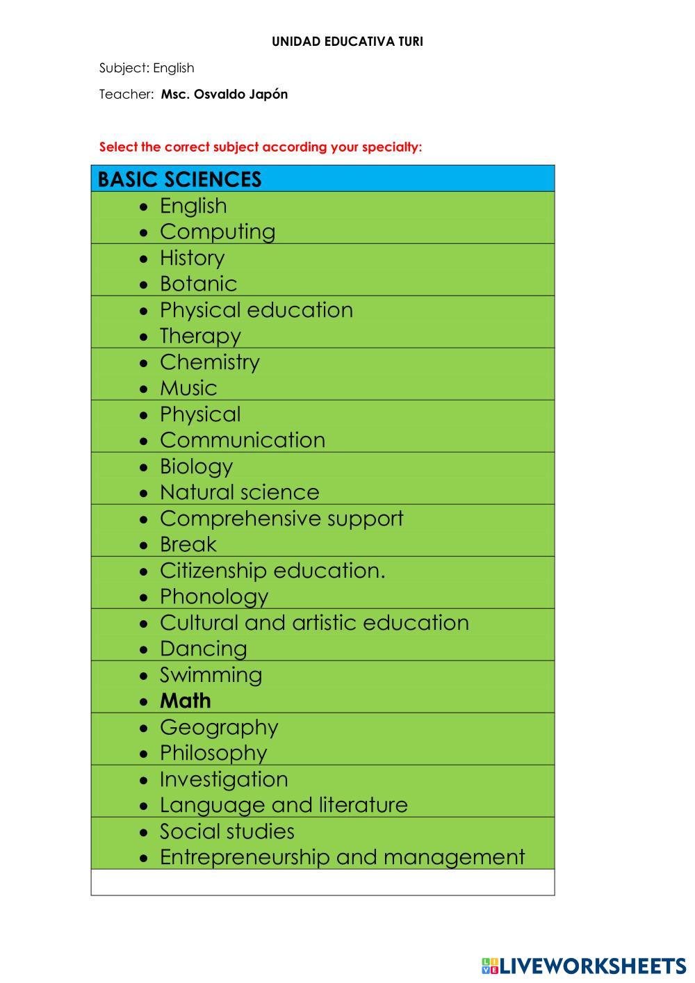 SUBJECTS - BASIC SCIENCE | Live Worksheets