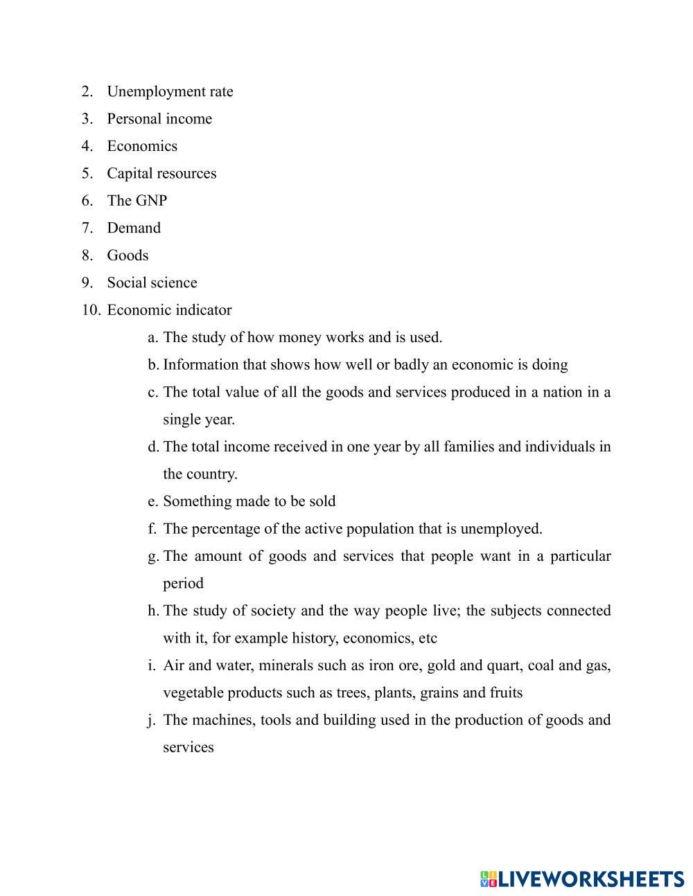 unit 1 economics | Live Worksheets