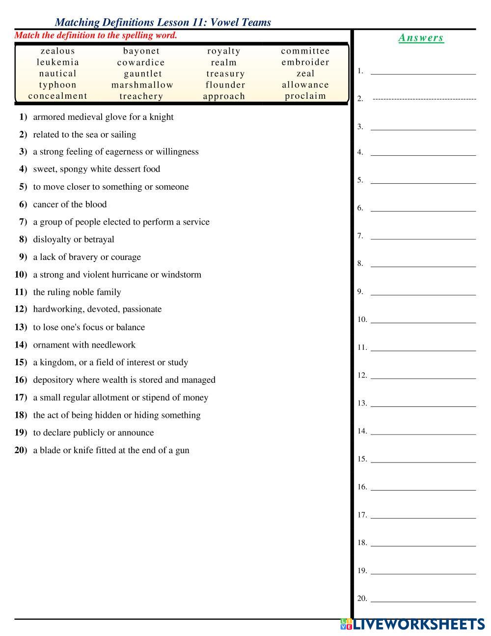 Lesson 11 - Matching Definitions | Live Worksheets