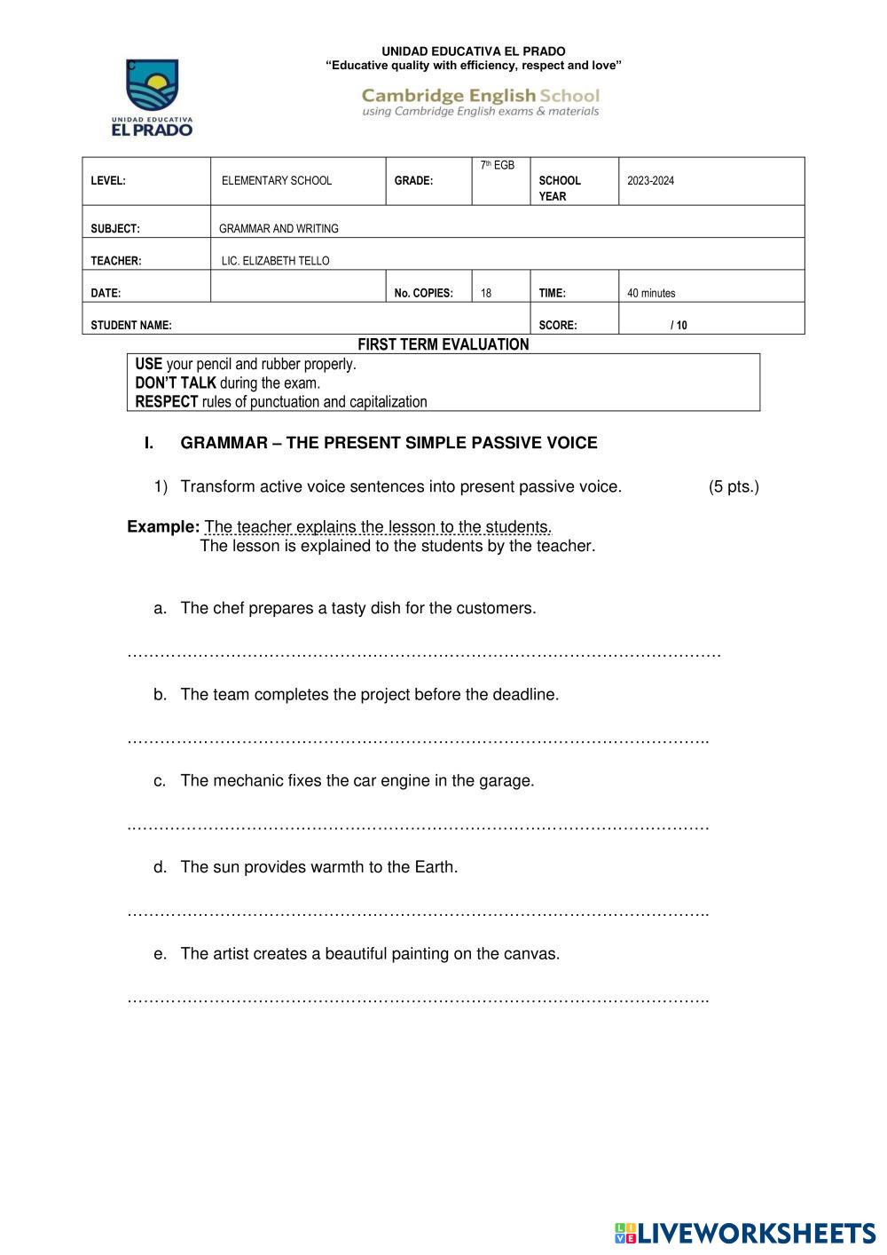 7TH GRADE GRAMMAR AND WRITING EXAM 2141 | Consuelo