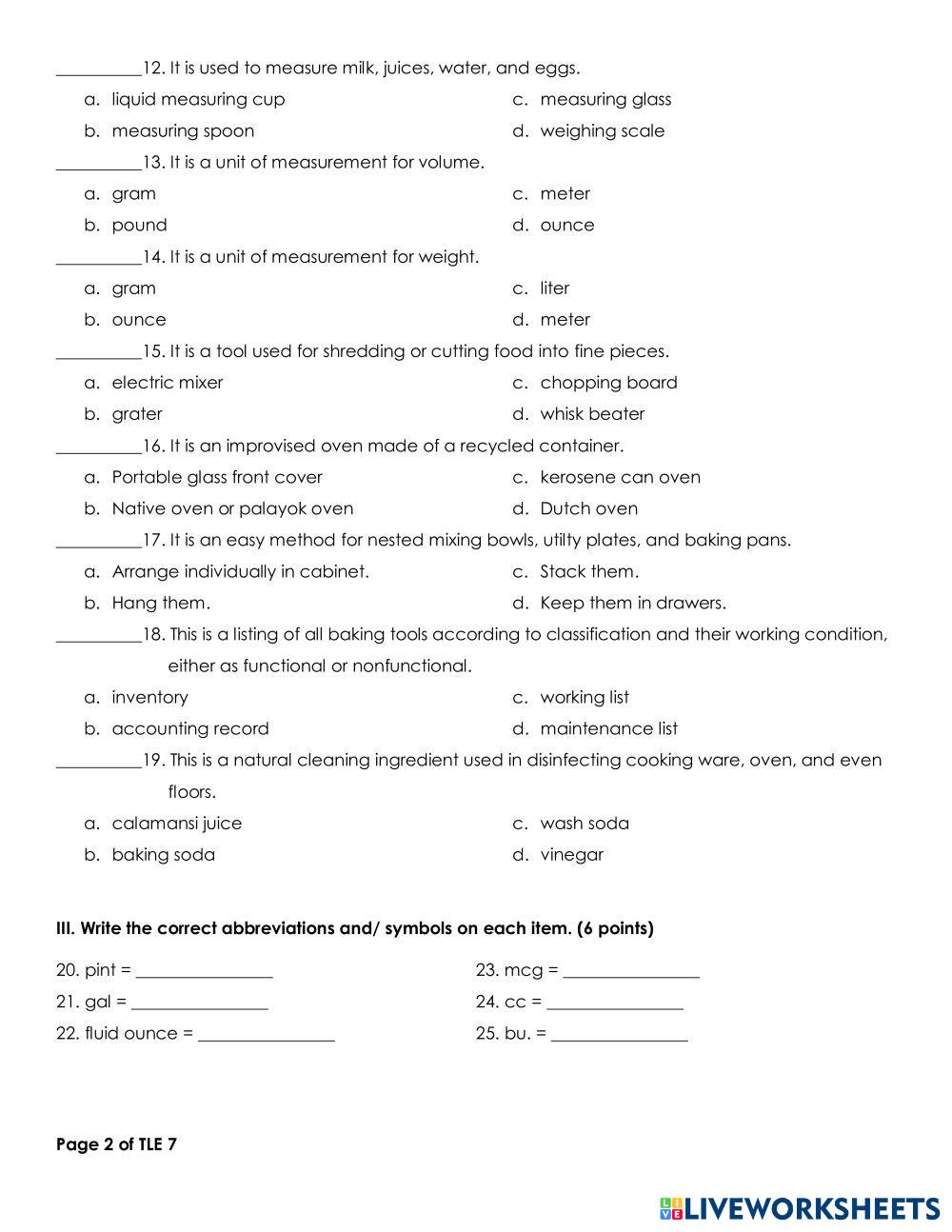 2nd Quarterly Assessment - TLE 7 | Live Worksheets