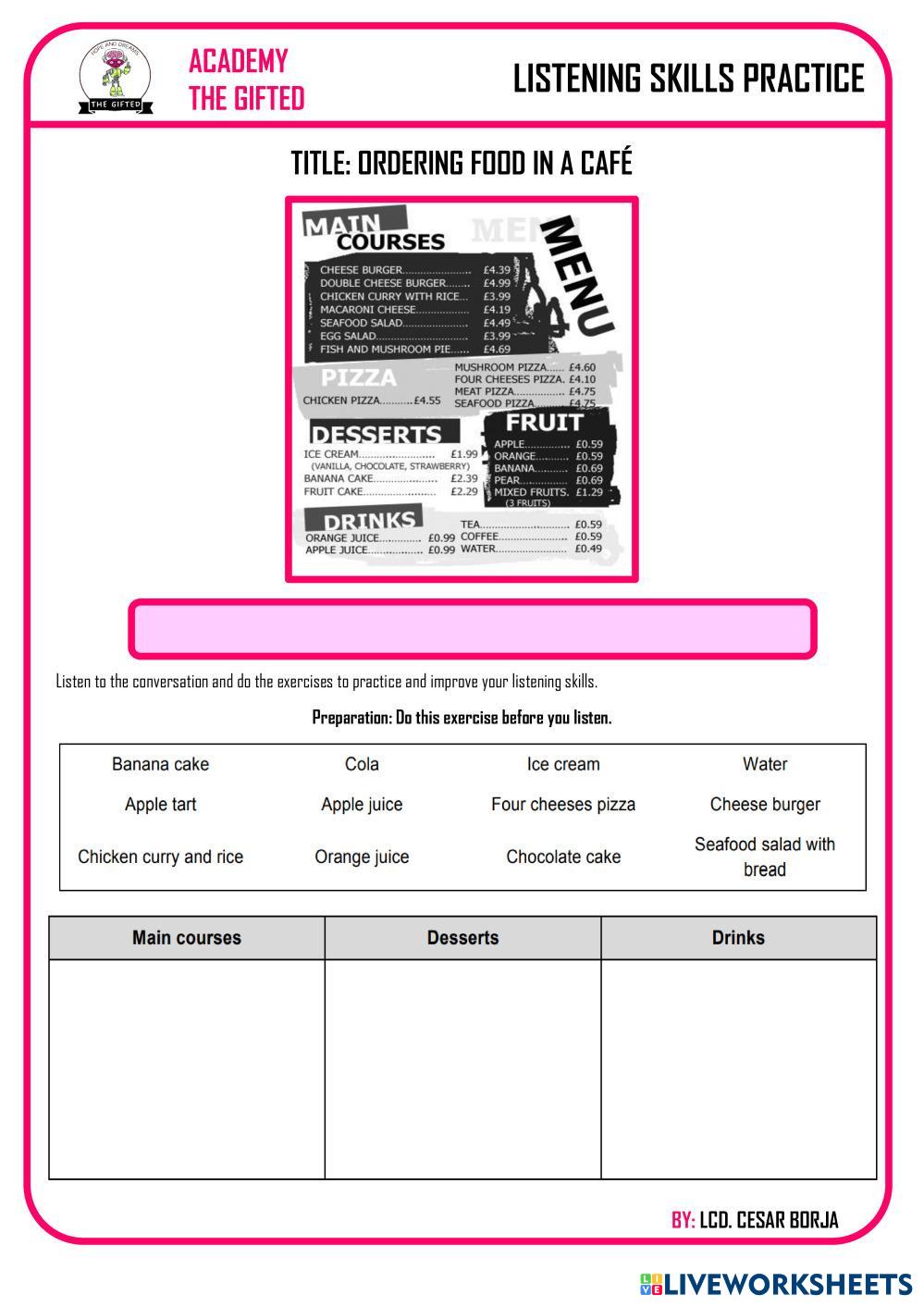 ORDERING FOOD IN A CAFÉ | Live Worksheets