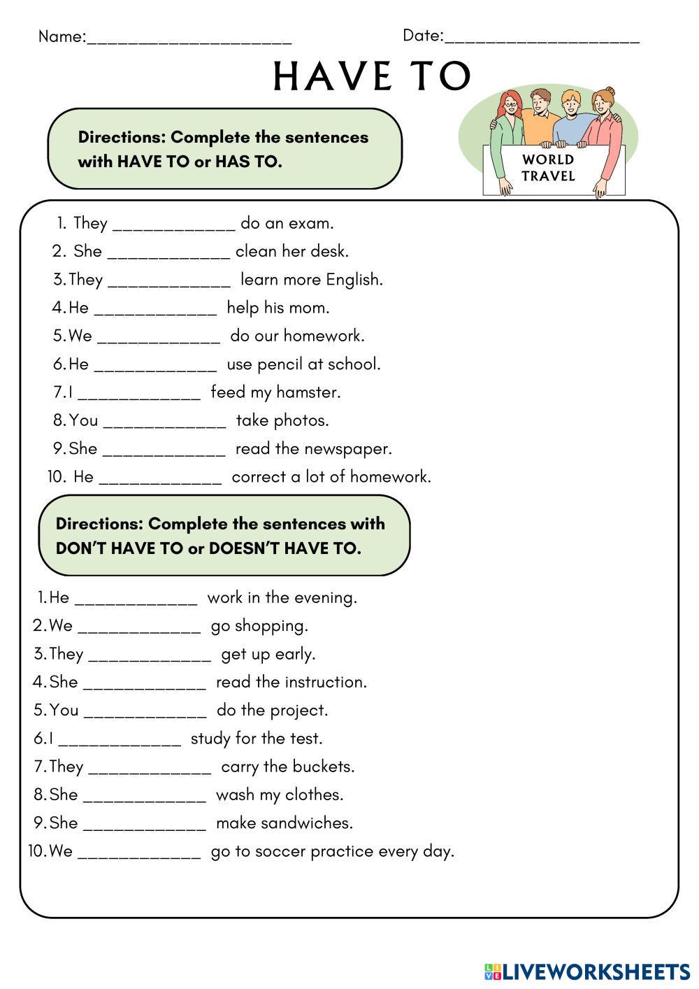 Have to - Has to | Free Interactive Worksheets | 7531454