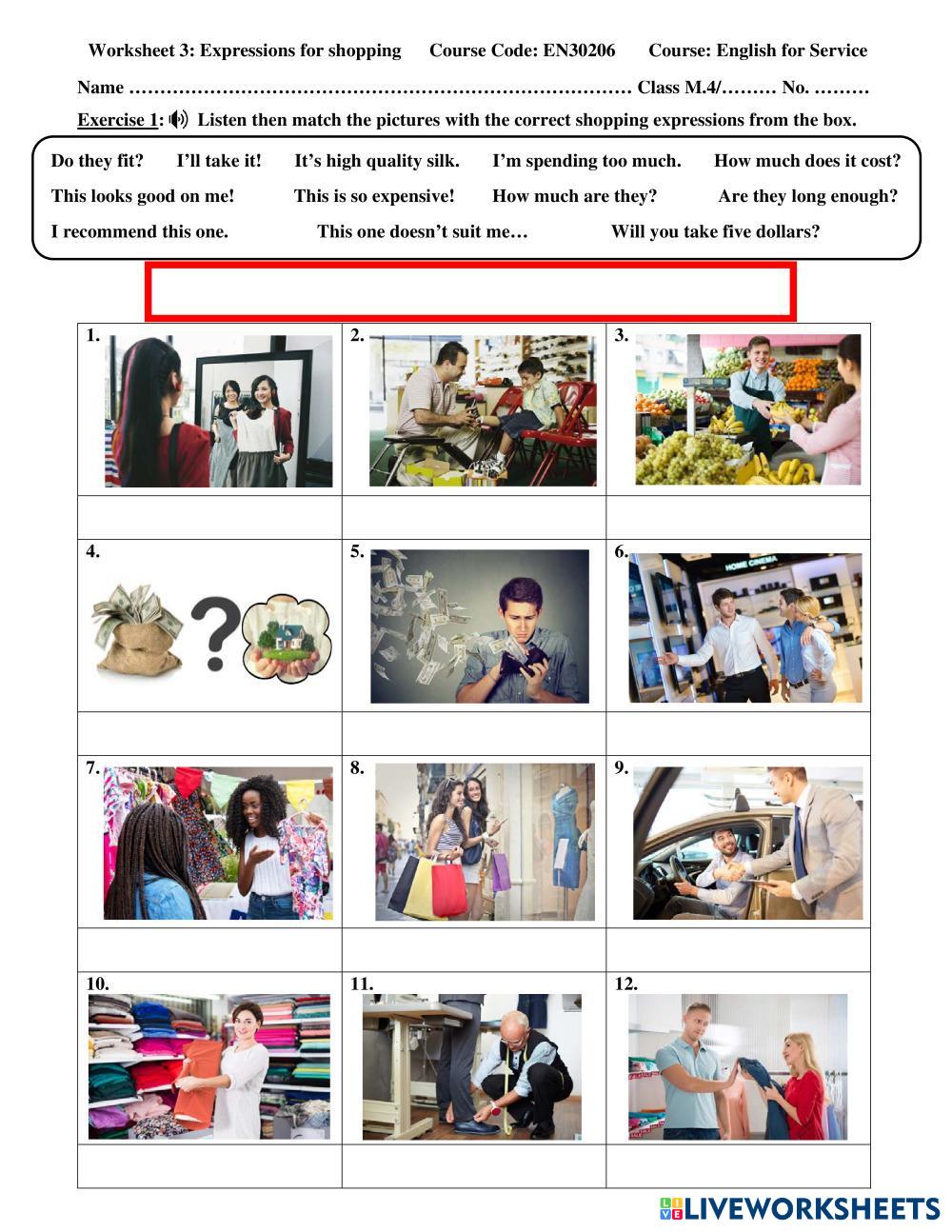 Expressions for shopping | Live Worksheets