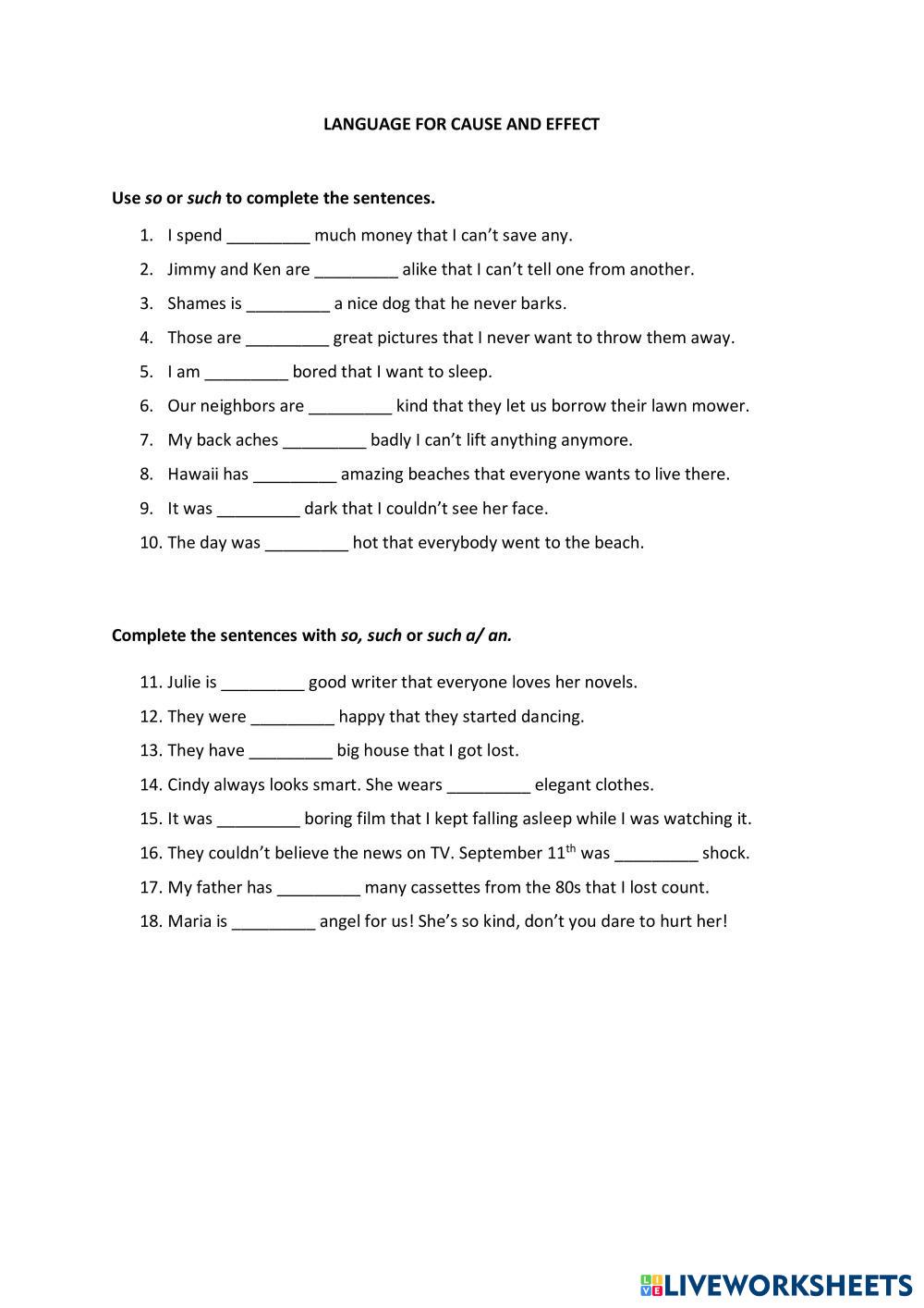 CAUSE AND EFFEC… | Free Interactive Worksheets | 7534386