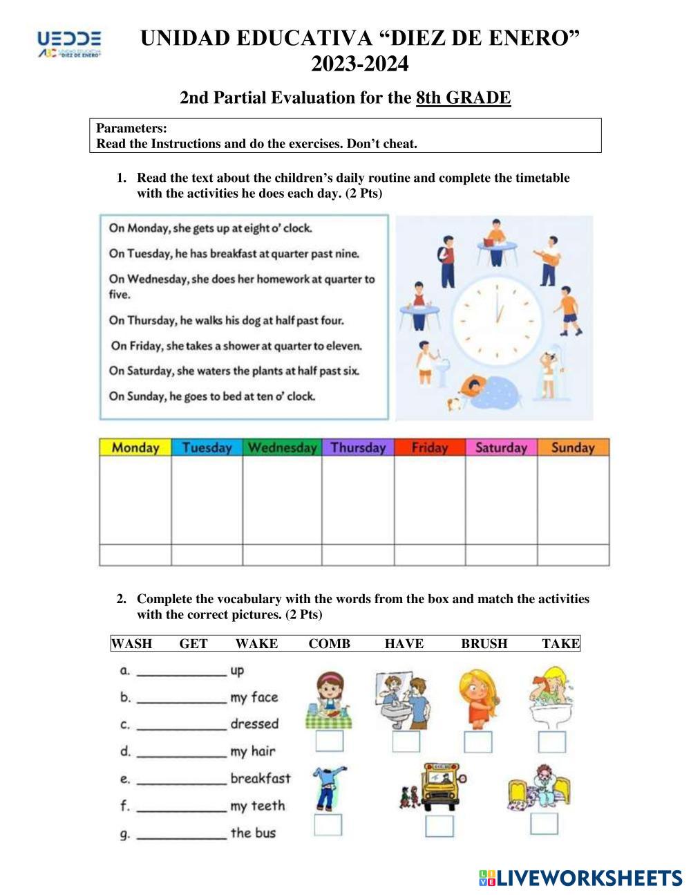 8TH GRADE (DIEZ DE ENERO) 2ND PARTIAL EVALUATION 2023 | Live Worksheets