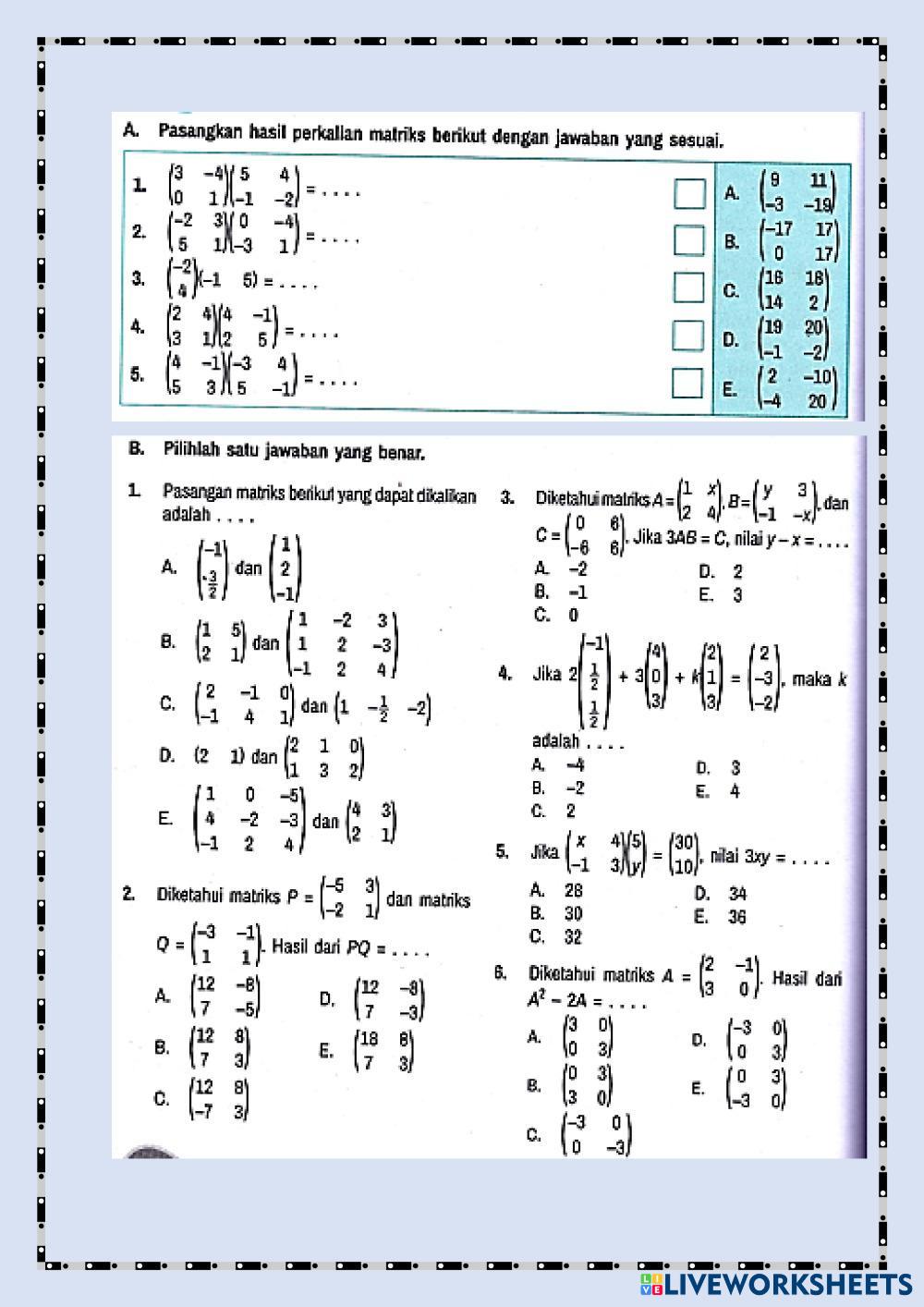 Perkalian Matriks | Live Worksheets