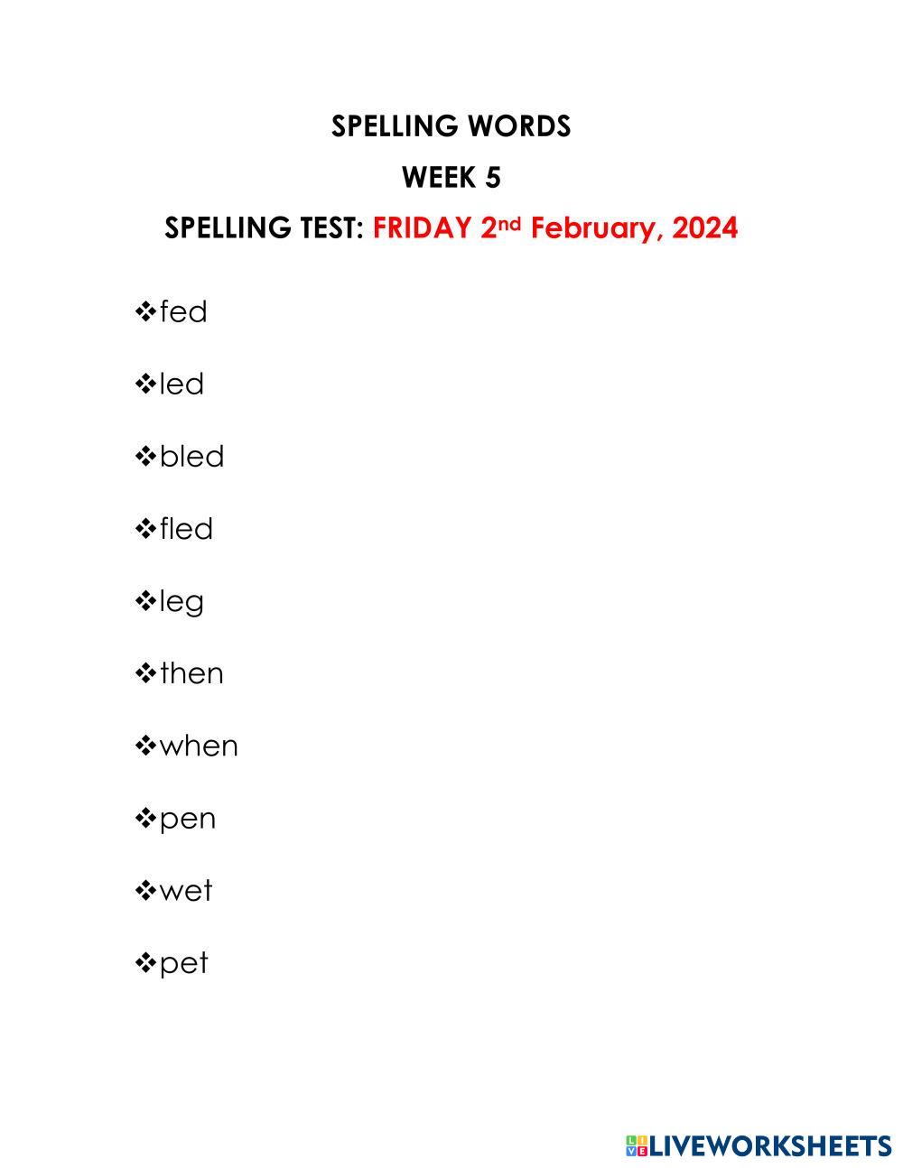 SPELLING WORDS | Live Worksheets