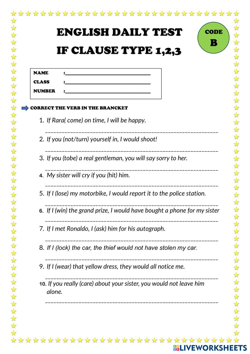 DAILY TEST IF CLAUSE (B) | Live Worksheets