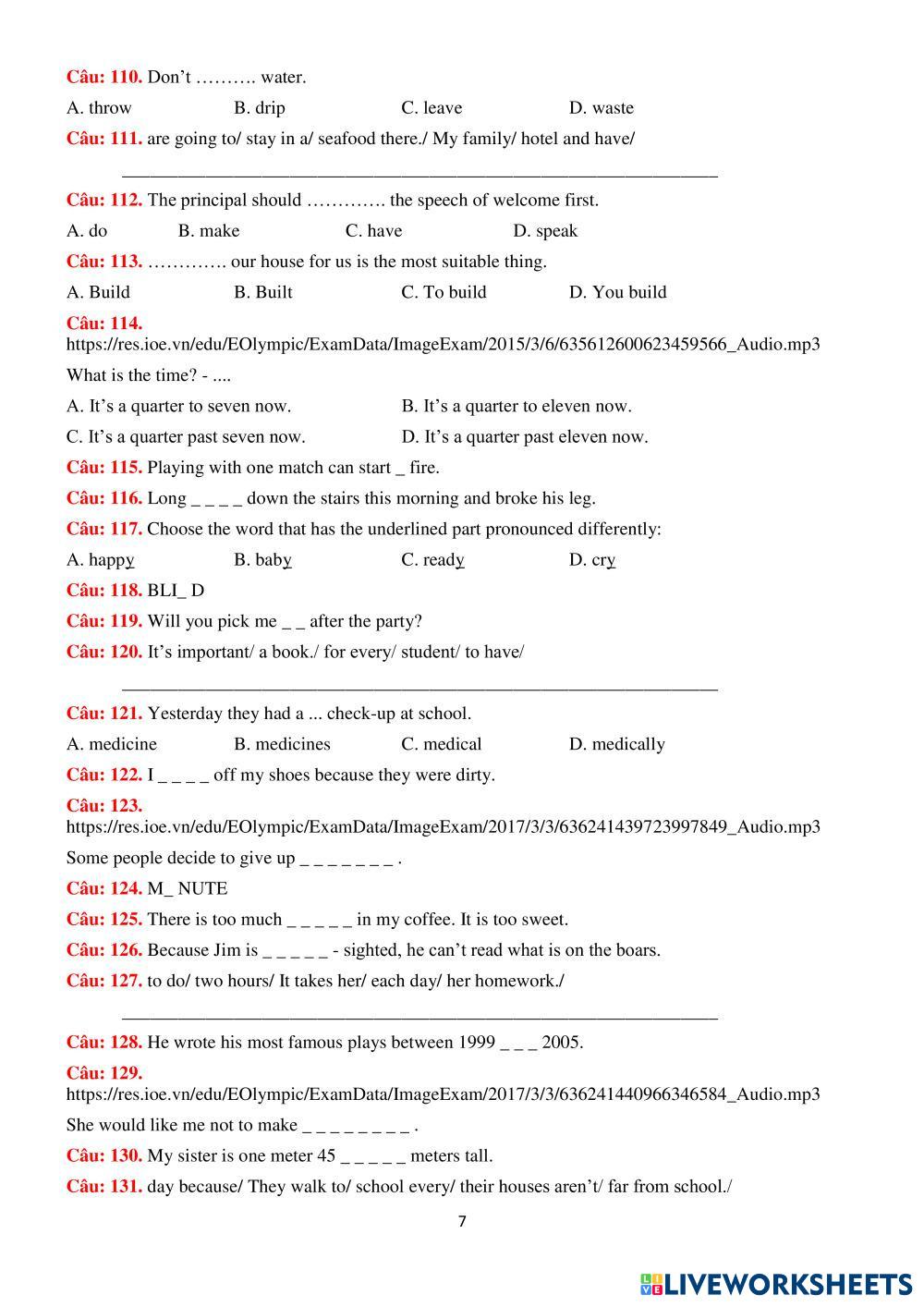 LUYỆN IOE 7 | Free Interactive Worksheets | 7542087