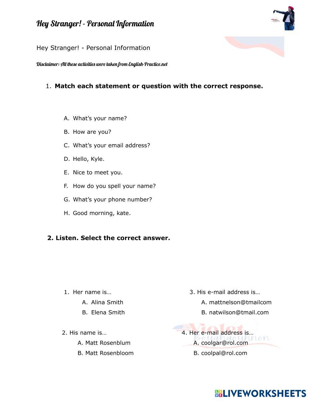 Hey Stranger - Personal Information | Live Worksheets